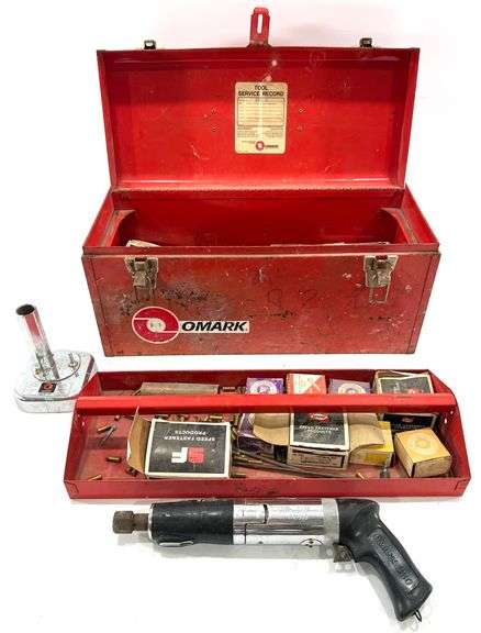 OMARK Red Metal Tool Box w/ Powder-Actuated Tool / .22 Bullets & More ...