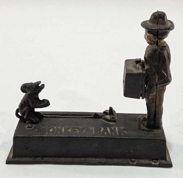 VTG Cast Iron Monkey Coin Bank - Black And Gold Auctions