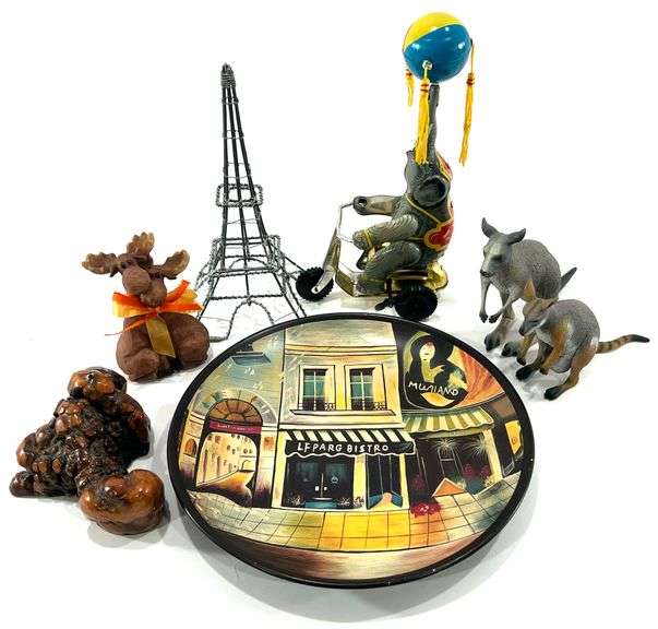 Vintage Wind-Up Tin Litho Elephant Trike / Paris Cafe Plate / Burl Wood ...