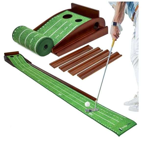 GimiYaa 10' 2-Hole Wood Putting Green Mat - Black And Gold Auctions