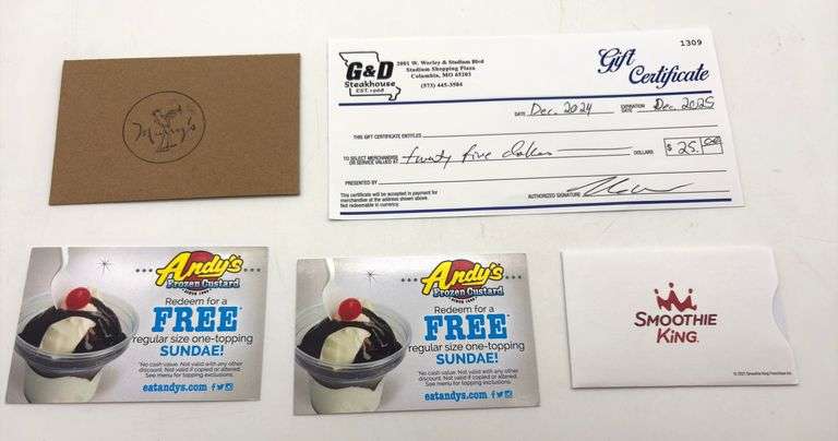 G & D Steakhouse, Murry's, Smoothie King, Andy's Gift Cards ...