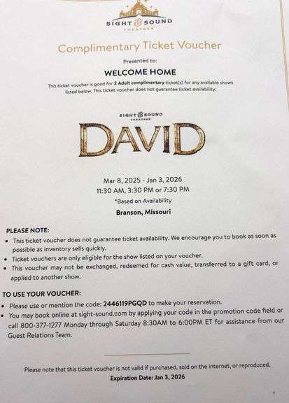 Complimentary Ticket Voucher for "David" at Sight & Sound Theatres in ...
