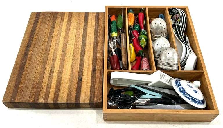 Kitchen Utensils w/ Storage & Wooden Chopping Block - Black And Gold ...
