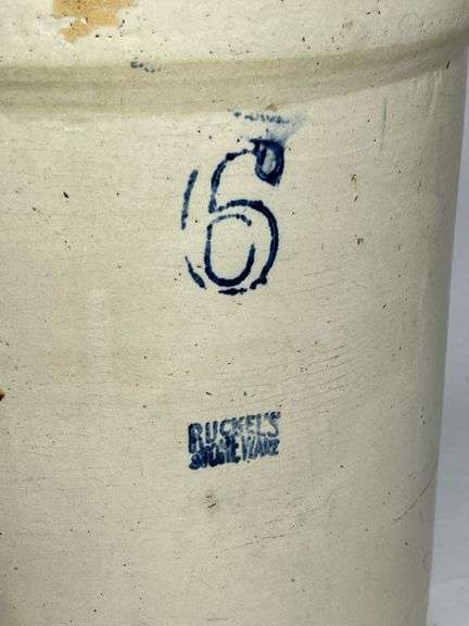 Beige 6 Gallon Ruckel's Stoneware Crock - Black And Gold Auctions