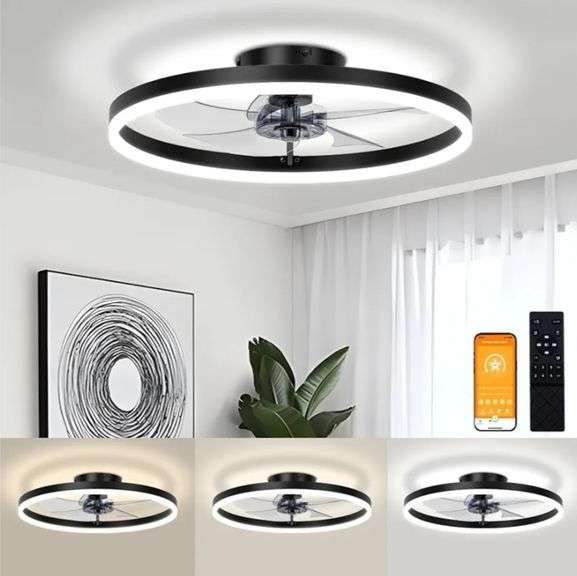 Xiangping APP/Remote Controlled Ceiling Fan W/Light - Black And Gold Auctions