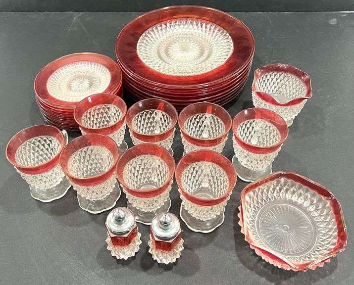 Vintage Indiana Glass Diamond Point Ruby Flash Glassware - Black And ...