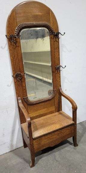 84" Antique Oak Hall Tree/Stand - Black And Gold Auctions