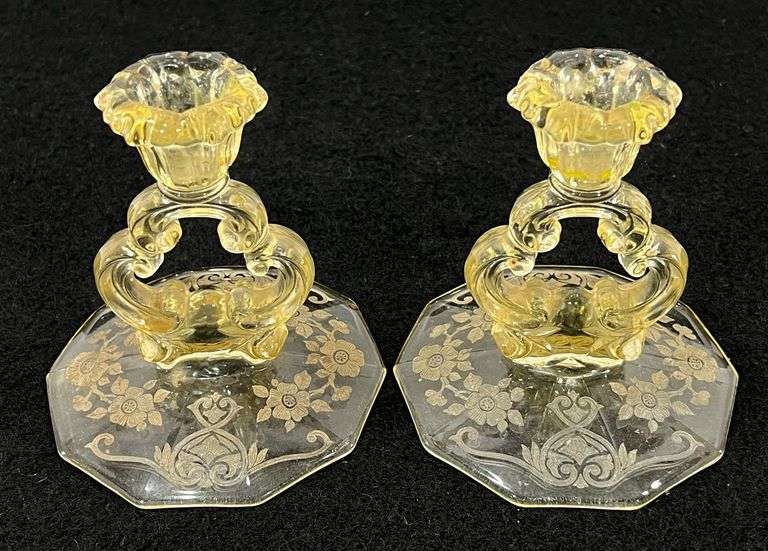 Pair: Vaseline Cambridge Apple Blossom Candlesticks - Black And Gold ...