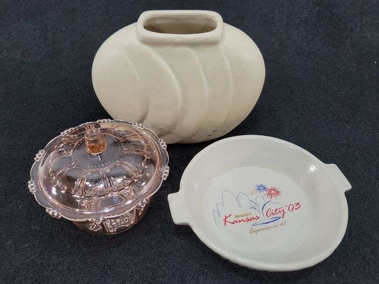 VTG Pink Depression Glass Candy Dish w Lid, VTG Redwing Pottery Kansas ...