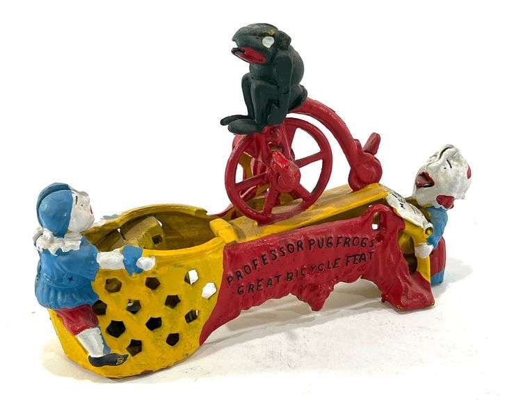Professor Pug Frog Mechanical Cart Iron Coin Bank - Black And Gold Auctions