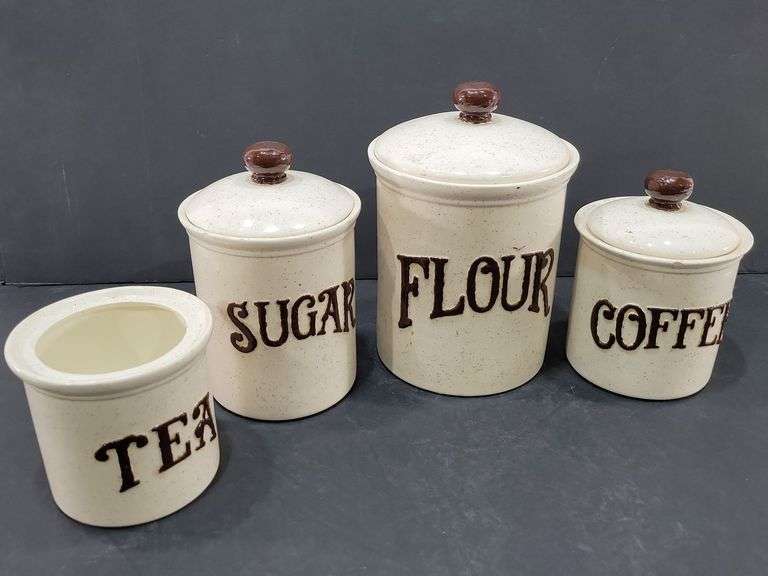 (4) Pottery Food Storage Containers - Black And Gold Auctions