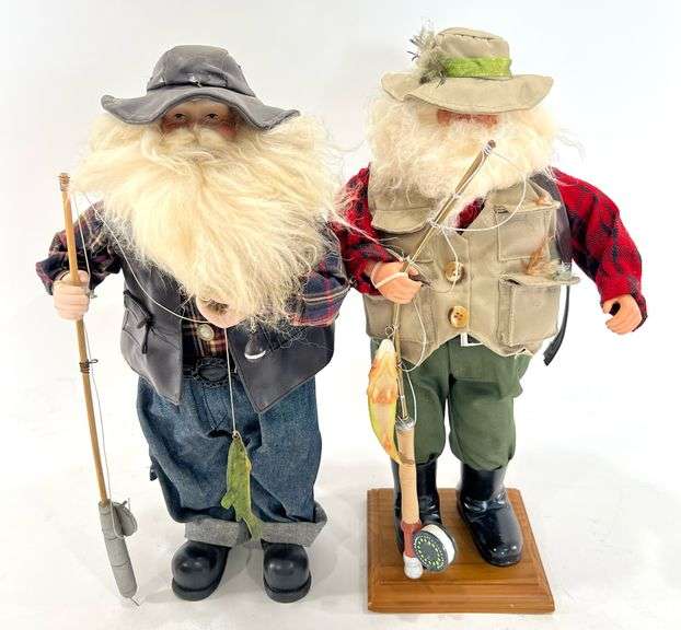 (2) Vintage 18” Fishing Santa Clause Figurines - Black And Gold Auctions