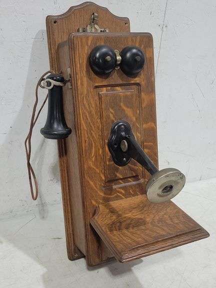 ANTIQUE Kellogg Oak Wall-Mount Telephone - Black And Gold Auctions
