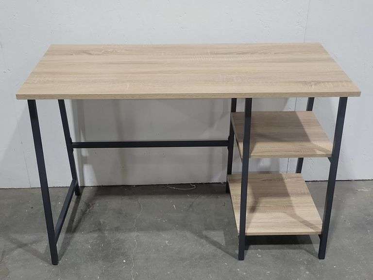 Wood Finish Black Metal Frame Desk W/2-Shelves - Black And Gold Auctions