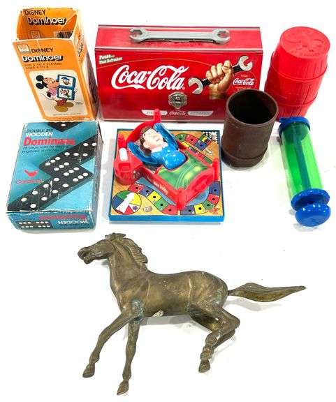 Vintage Games & Brass Horse - Coca Cola Tin Tool Box / Dominos / Barrel ...