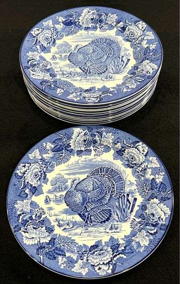 (12) Vintage Wood And Son’s Flow Blue 10” Turkey Plates - Black And ...