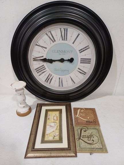 (5) Clock, Framed Art, & Rustic Decor - Black And Gold Auctions