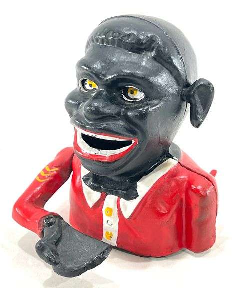Vintage Cast Iron Jolly Black Americana Coin Bank - Black And Gold Auctions