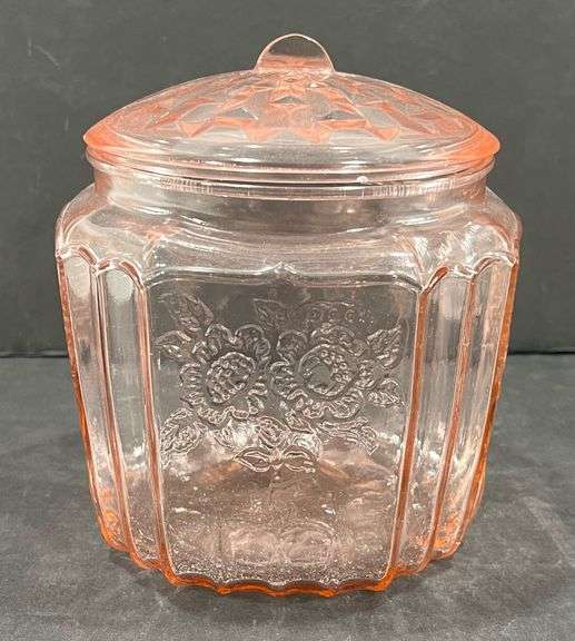 Vintage Mayfair Pink Depression Glass Jar w/ Lid - Black And Gold Auctions