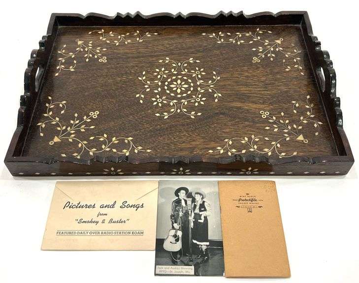 Vintage Wooden Inlay Serving Tray w/ Vintage Photographs & Stamps ...
