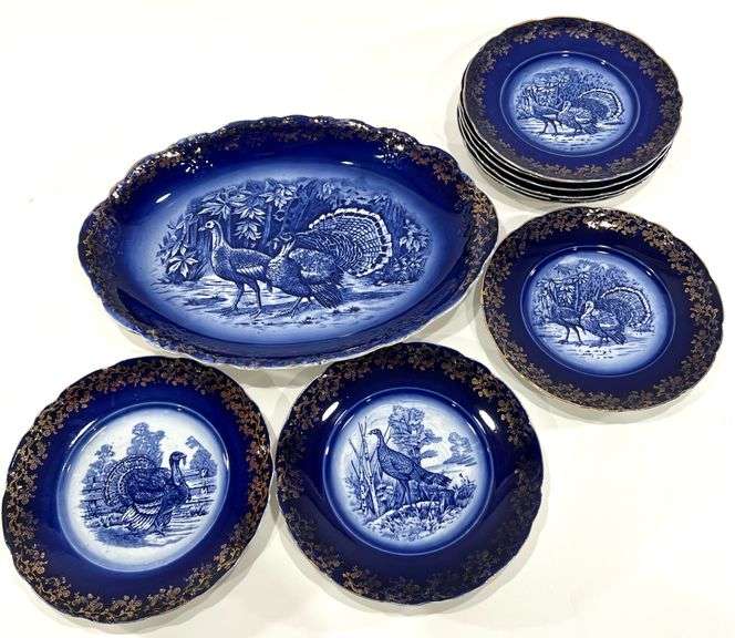 Antique Oliver China Flow Blue 17” Thanksgiving Turkey Platter & (9 ...