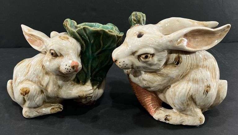 (2) Vintage Ceramic Rabbit Lawn Decorations / Planter - Black And Gold ...