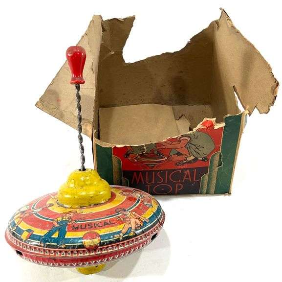 Vintage Tin Litho Musical Top Spinning Toy - Black And Gold Auctions