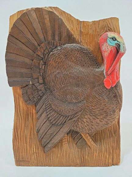 Large Carved Wooden Turkey Wall Hanging - Black And Gold Auctions