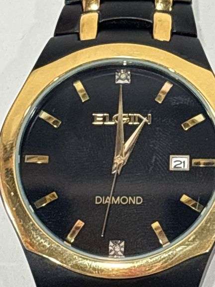 Elgin Diamond Watch - Black And Gold Auctions