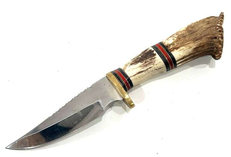 Pakistan Crown Hunter Fixed Blade Antler Knife - Black And Gold Auctions