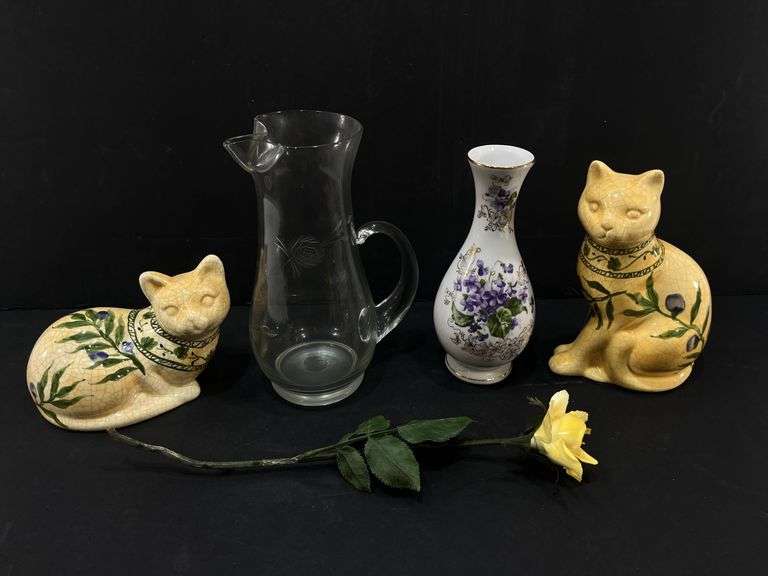 Ceramic Cats, Hand Blown Etched Glass Pitcher, Porcelain Rose & VTG L&M ...