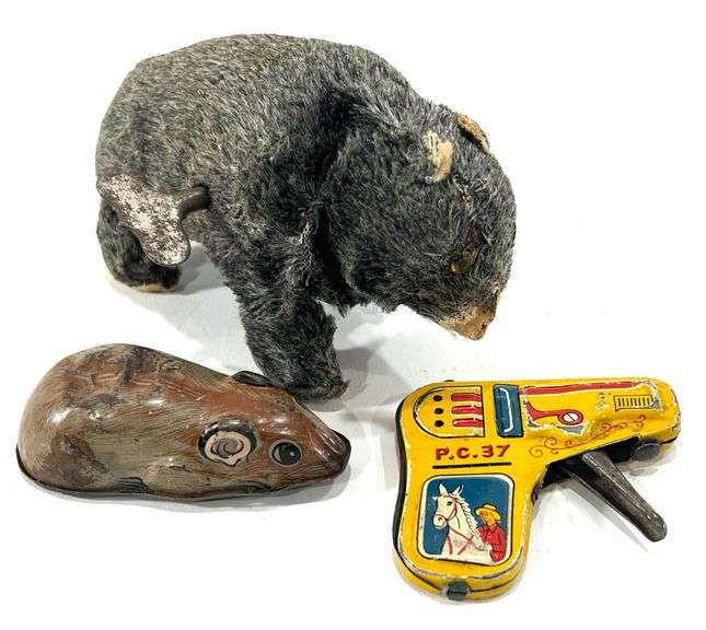 Vintage Japan Bear Wind Up Toy & Tin Litho Friction Gun & Mouse - Black ...