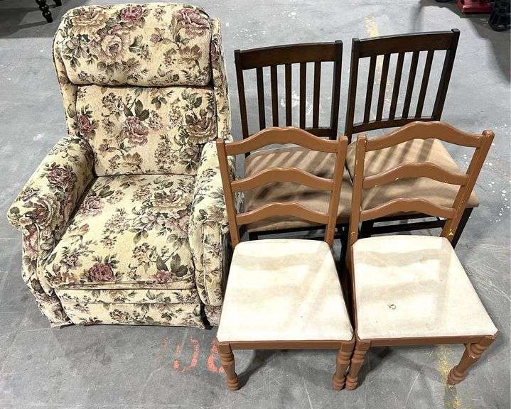 Fabric Floral Reclining Chair w/ (4) Dinner Chairs - Black And Gold ...