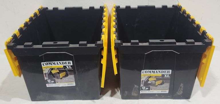 (2)Commander XL 12 Gallon Interlocking Lid Totes - Black And Gold Auctions