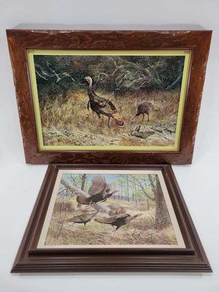 Pair of Wild Turkey Prints on Canvas & Board w Ornate Frames - Black ...