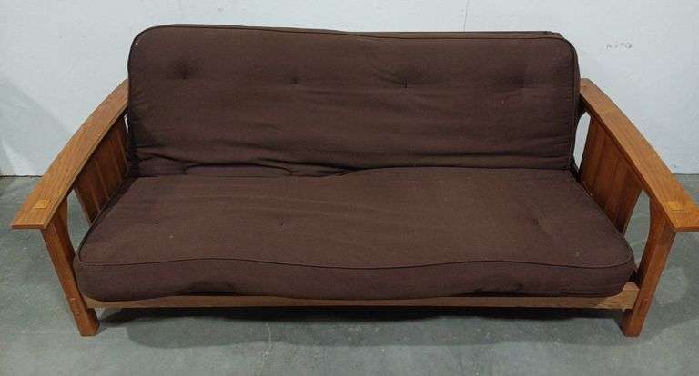 Deep Red Futon Sofa - Black And Gold Auctions