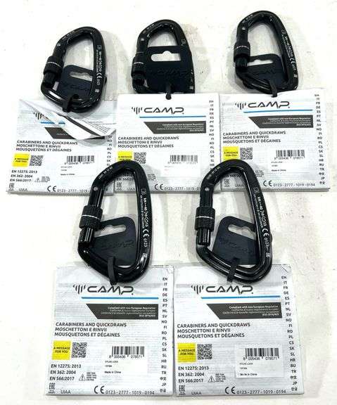 (5) New CAMP Atlas Lock Carabiners - Black And Gold Auctions