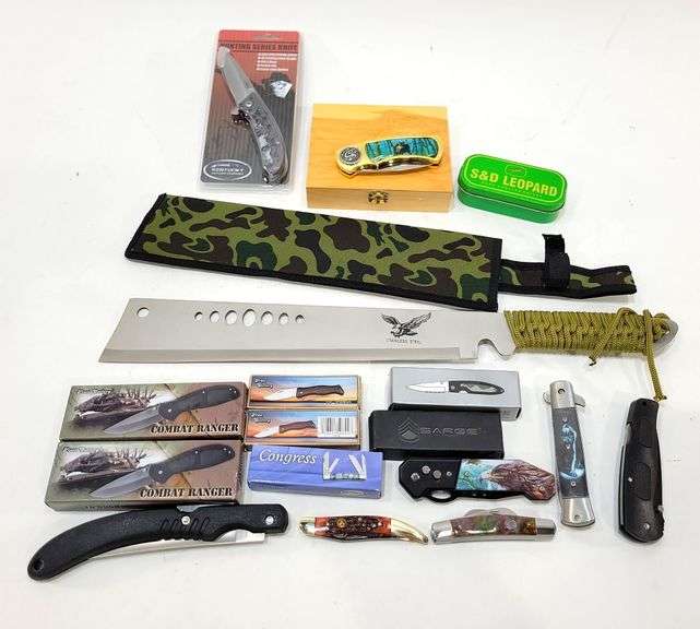 (16) Folding Pocket Knives & Machete - Black And Gold Auctions