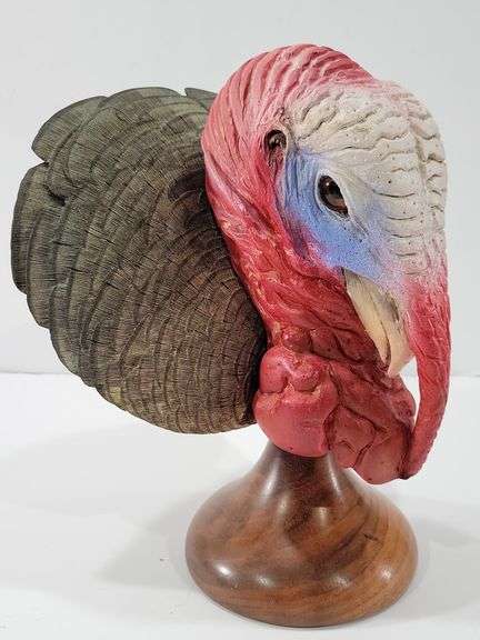 Hand Carved & Signed Wooden Turkey Sculpture - Black And Gold Auctions