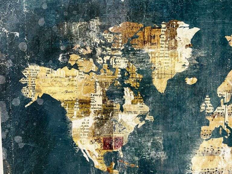 Newspaper / Music Note World Map Canvas Art - Black And Gold Auctions