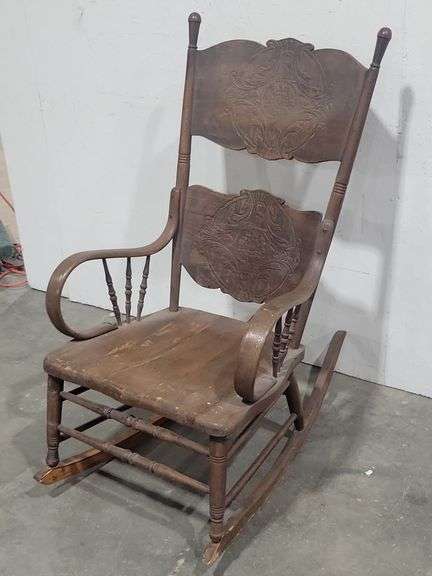 ANTIQUE Oak Pressed Back Rocking Chair - Black And Gold Auctions