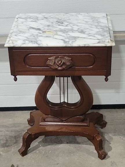 VICTORIAN ANTIQUE Mahogany 1-Drawer Harp Side Table W/Carrara Marble ...