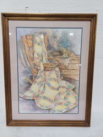 Quilt Over Rocking Chair Framed Art Print 25"x32" - Black And Gold Auctions