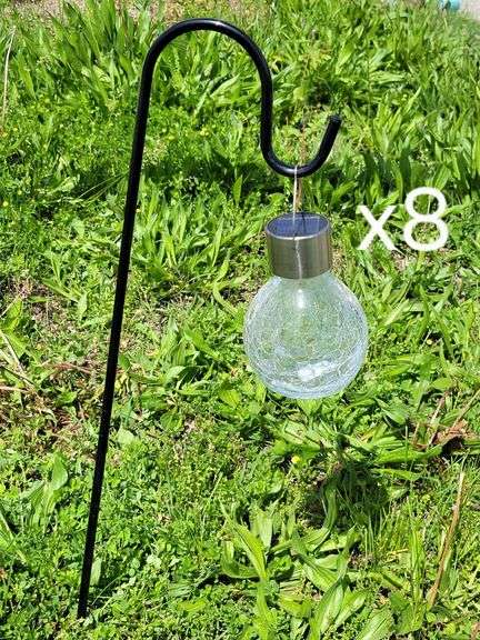 (8) 26" Shepard's Hook Yard Stakes w Solar Crackle Glass Lights - Black ...
