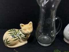 Ceramic Cats, Hand Blown Etched Glass Pitcher, Porcelain Rose & VTG L&M ...
