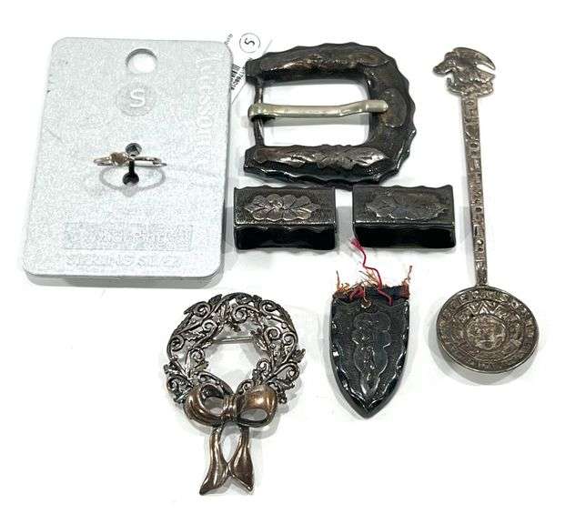 Sterling Silver Lot: Spoon, Belt Buckle, Midi Ring, Brooch, & More ...
