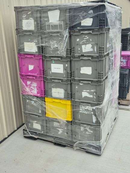 (36)Stackable Heavy Duty Plastic Totes - Black And Gold Auctions