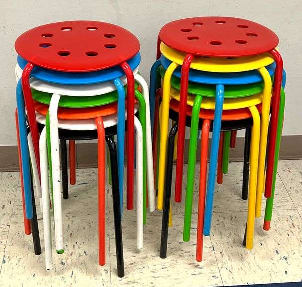 (14) Colorful Plastic Stacking Kid’s Stools - Black And Gold Auctions
