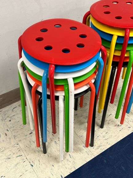 (14) Colorful Plastic Stacking Kid’s Stools - Black And Gold Auctions