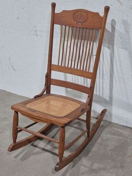 ANTIQUE Oak Cane Seat Rocking Chair - Black And Gold Auctions